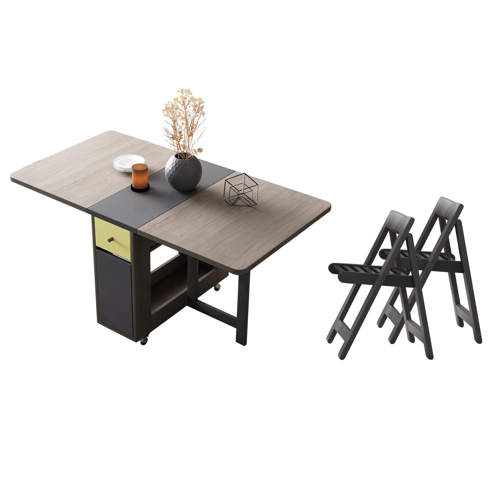 FUNROLUX Folding Dining Table and 2 Pack Folding Chairs Set Grey Extendable Dining Table with Storage Rack and 2 Drawers for Small Spaces