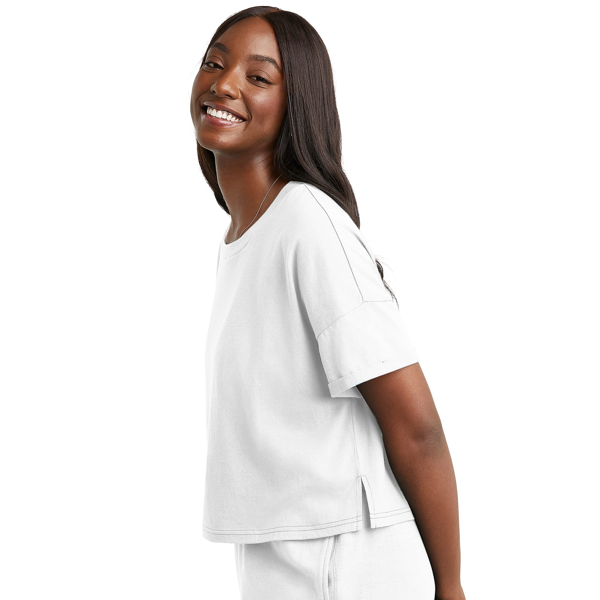 Hanes Women's Originals Boxy T-Shirt with Rolled Sleeves, 100% Cotton Crop Top, White