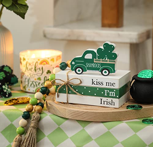 St. Patrick's Day Tiered Tray Decor, 1 St. Patrick's Wood Book Stack, 1 Bead Garland, I’m Irish Shamrock Mini Faux Decorative Books Bundle, Farmhouse St. Patrick's Party Table Mantle Decor