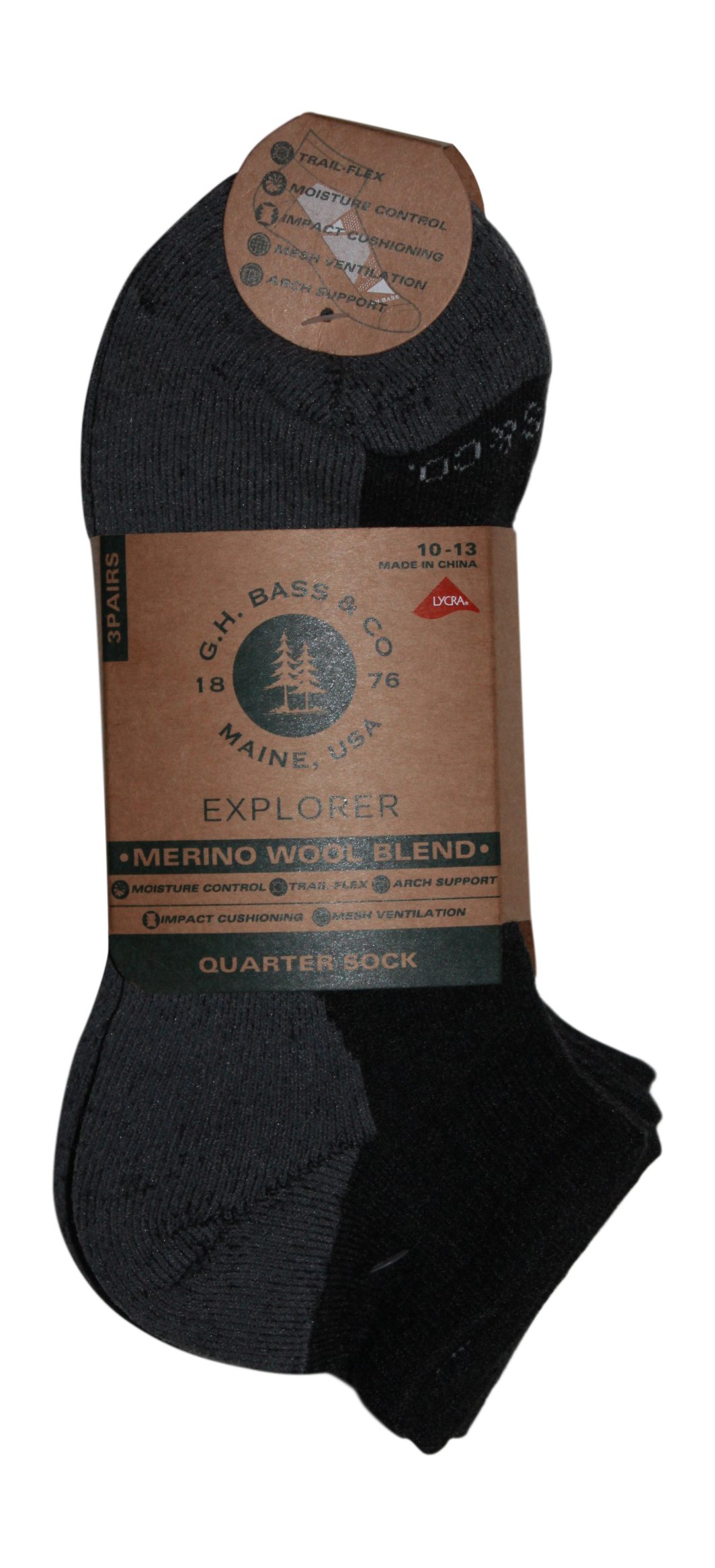 G.H. Bass & Co Explorer Merino Wool Blend Quarter Socks 3-Pack Large - Black -