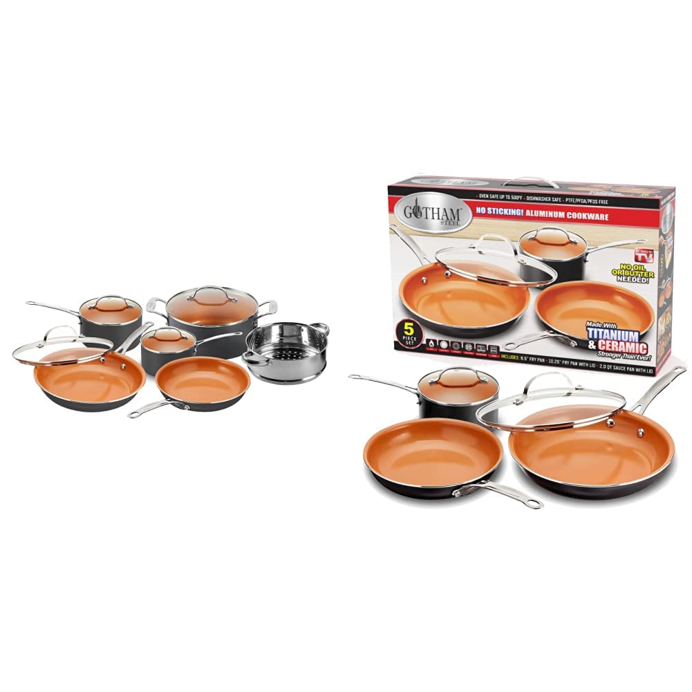 Gotham Steel 10 Piece Pots and Pans Set & Dishwasher Safe, 100% PFOA Free & 5 Piece Kitchen Essentials Cookware Set, Original