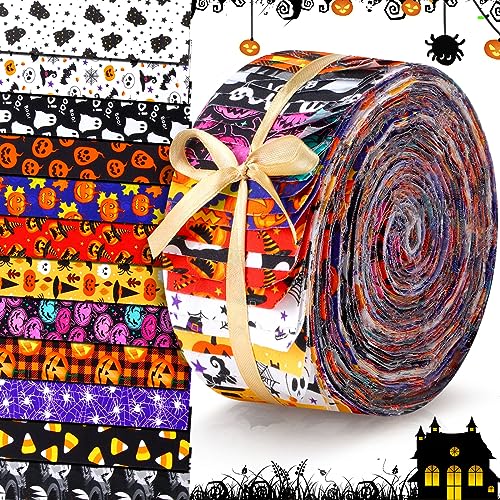 Ganeen 60 Pcs Cotton Jelly Halloween Fabric Roll Pumpkin Ghost Fabric Strips Cotton Jelly Fabric Halloween Quilting Fabric Roll for Quilting Cloth Patchwork Sewing DIY Craft, 12 Styles