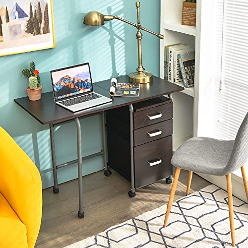 Tangkula Folding Computer Desk with 3 Storage Drawers, Mobile Home Office Desk Study Writing Desk with Smooth Wheels, Space Saving Compact Desk for Dorm Apartment, Rolling Folding Desk Table