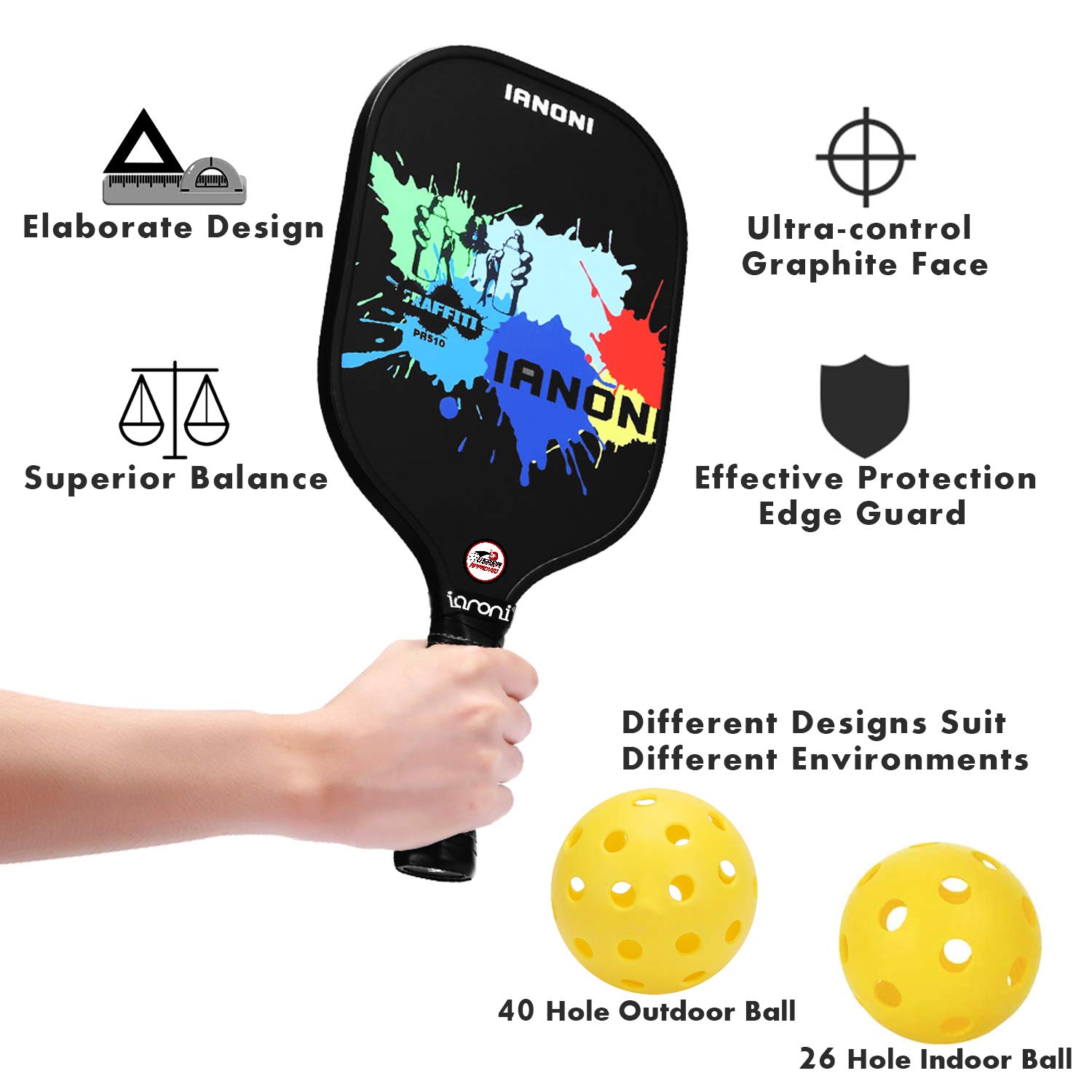 ianoni Pickleball Paddle Set - 2 Premium Lightweight Graphite Rackets Honeycomb Composite Core,Includes 4 Balls, Portable Racquet Cover Case Bag,Ultra Cushion Grip, USAPA Approved