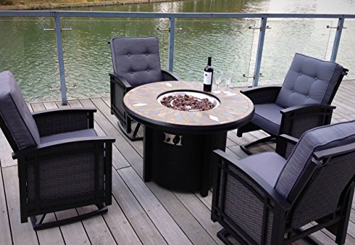 Pebble Lane LIving 42" Natural Slate and Copper Top Outdoor Propane Gas Fire Pit Table: Powder-Coated Black Frame
