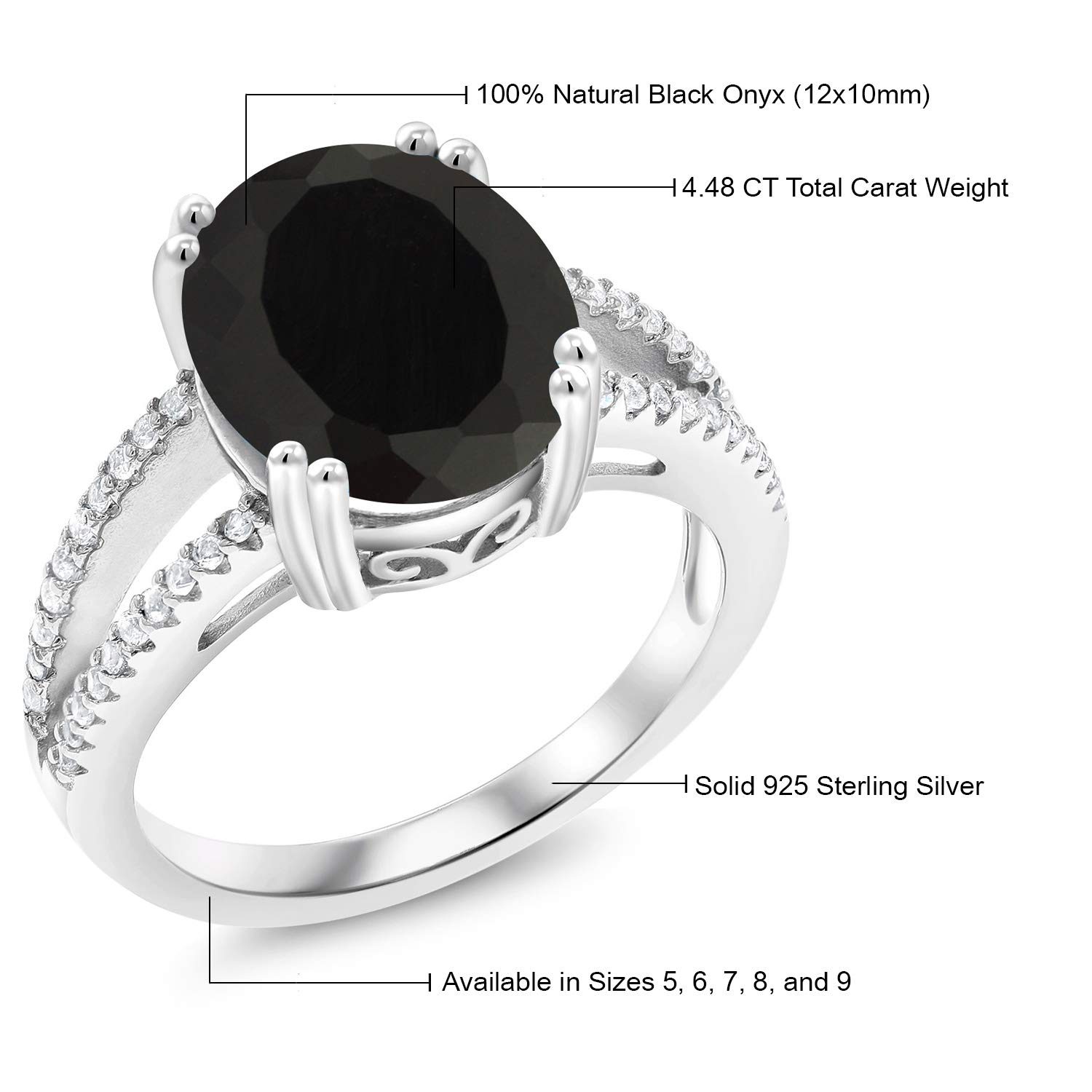 Gem Stone King 925 Sterling Silver Black Onyx Ring For Women (4.48 Cttw, Oval 12X10MM, Gemstone December Birthstone, Available In Size 5, 6, 7, 8, 9)