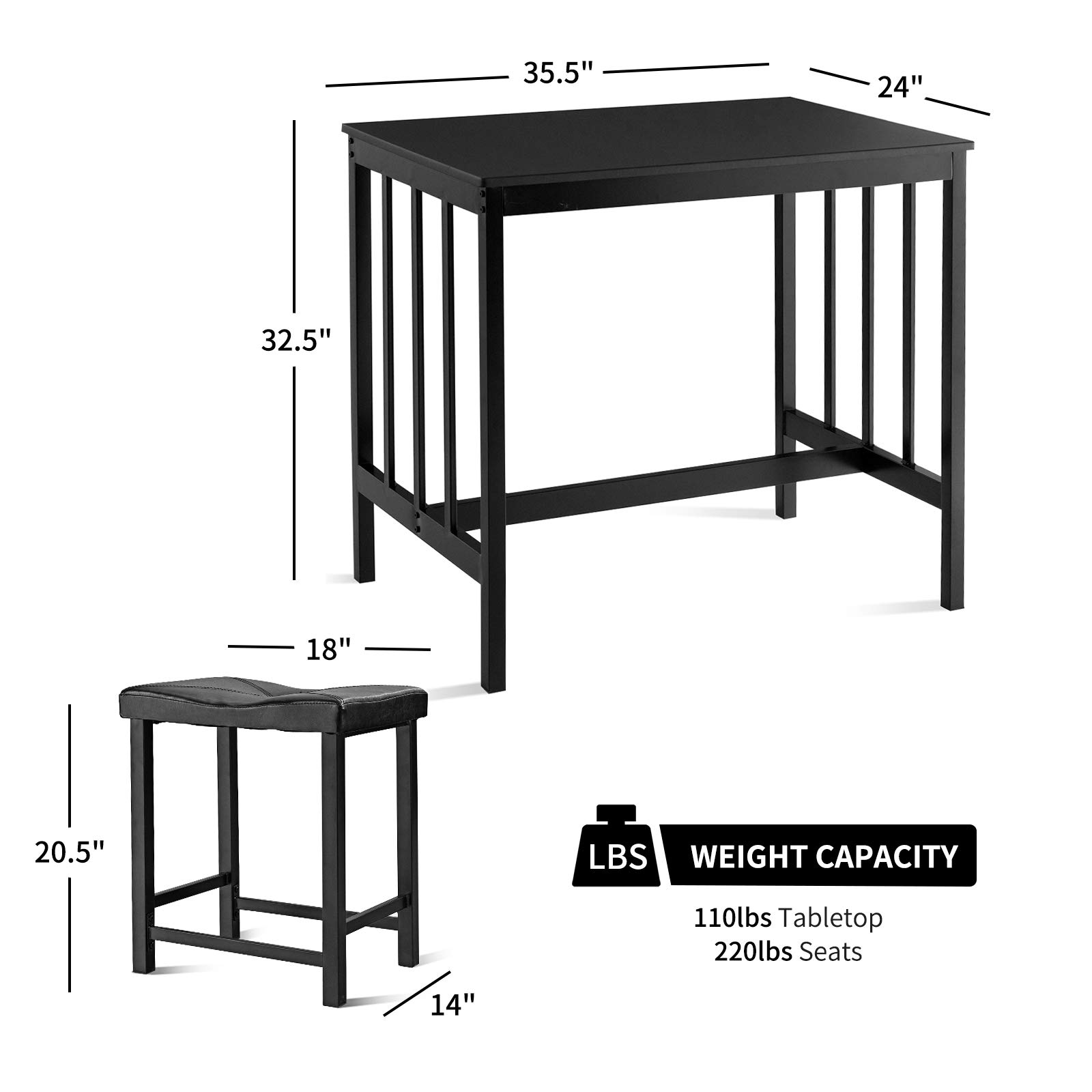 Giantex 3 piece Dining Set, Counter Height Table Set with Black Frosted Tabletop and Metal Frame for Kitchen, Bar or Apartment w/ 2 Faux Leather Backless Stools, Compact, Space-Saving Design