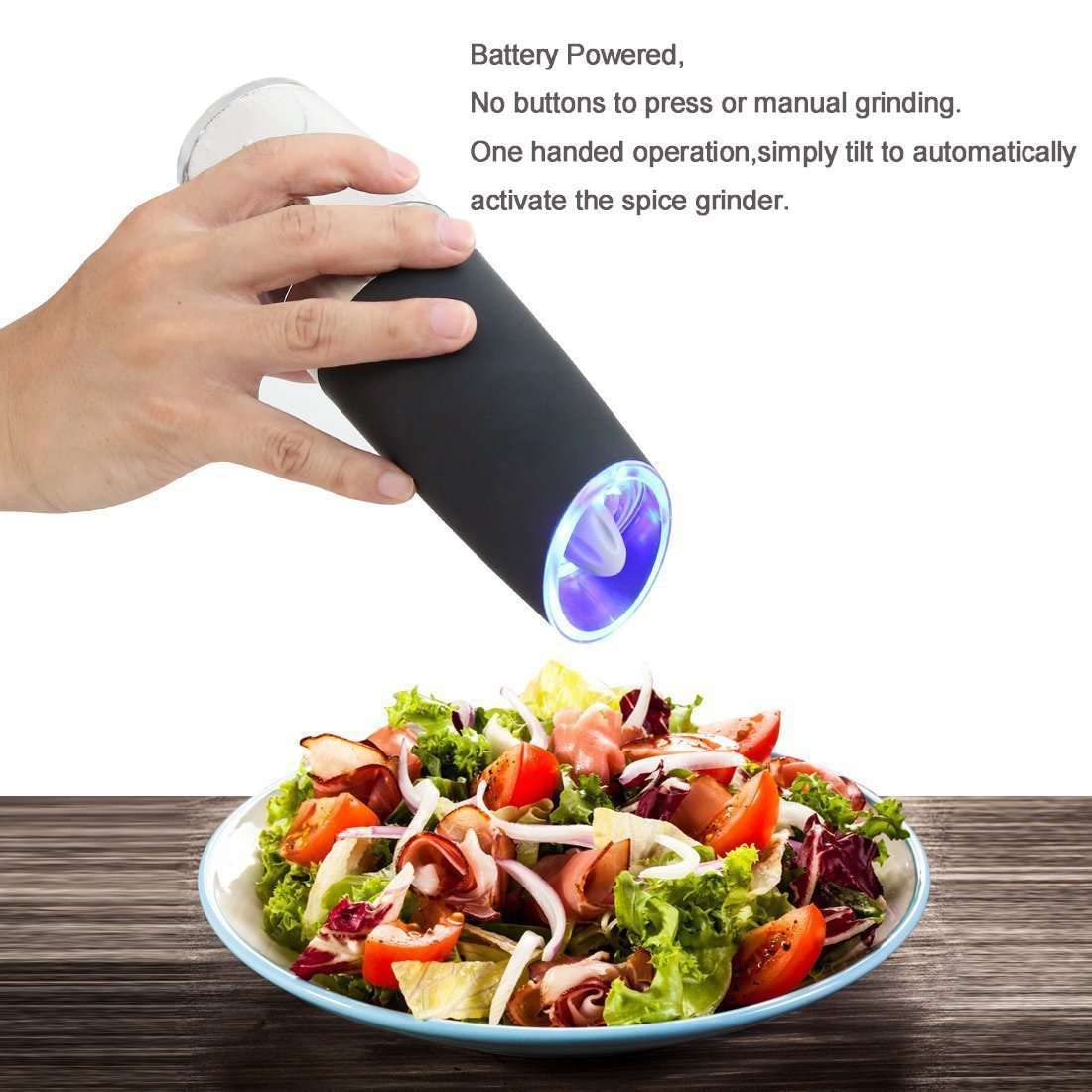 Gravity Electric Pepper and Salt Grinder Set, Adjustable Coarseness, Battery Powered with LED Light, One Hand Automatic Operation, Stainless Steel Black, 2 Pack