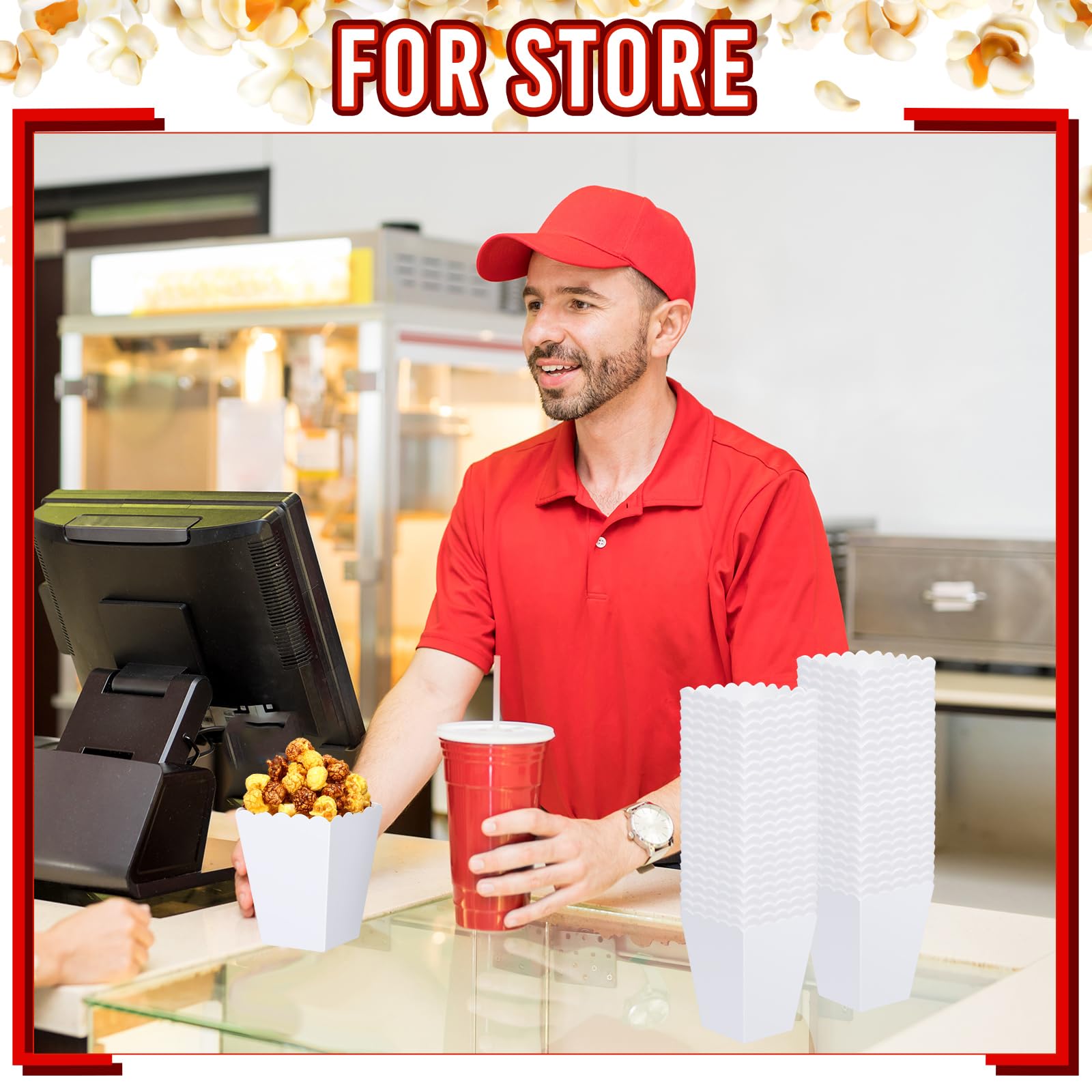 RattanView 24 Pcs White Mini Popcorn Boxes Plastic Popcorn Containers for Movie Theater Decorations Theme Party Night Supplies Carnivals Fundraisers Birthday Wedding, 3.46 x 2.28 x 4.33 Inches