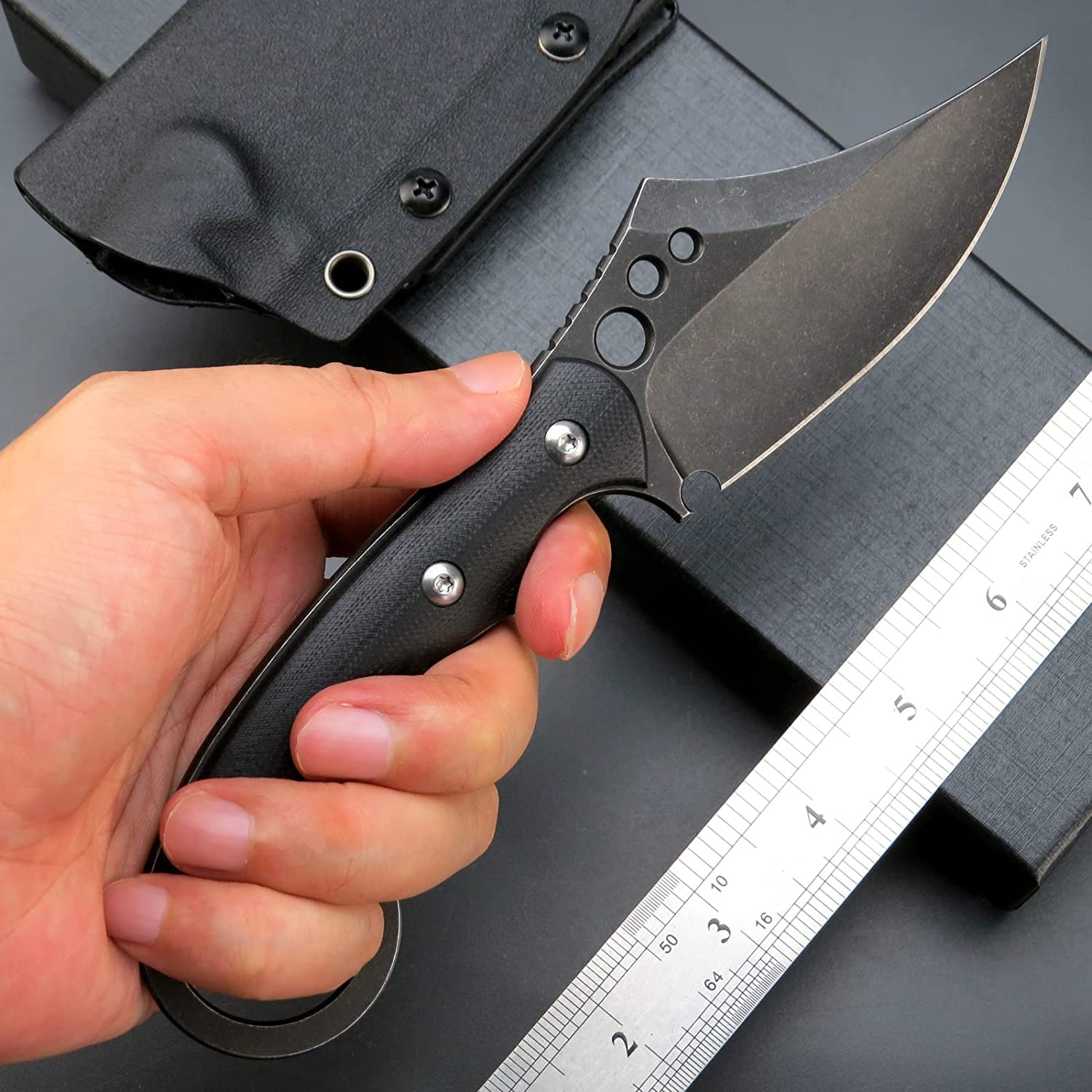 Gtkii GTK116 Fixed Blade Knife,D2 Steel Blade,Micarta Handle Scales Outdoor Survival Camping Fishing Claw Knife with Kydex Sheaths(black)