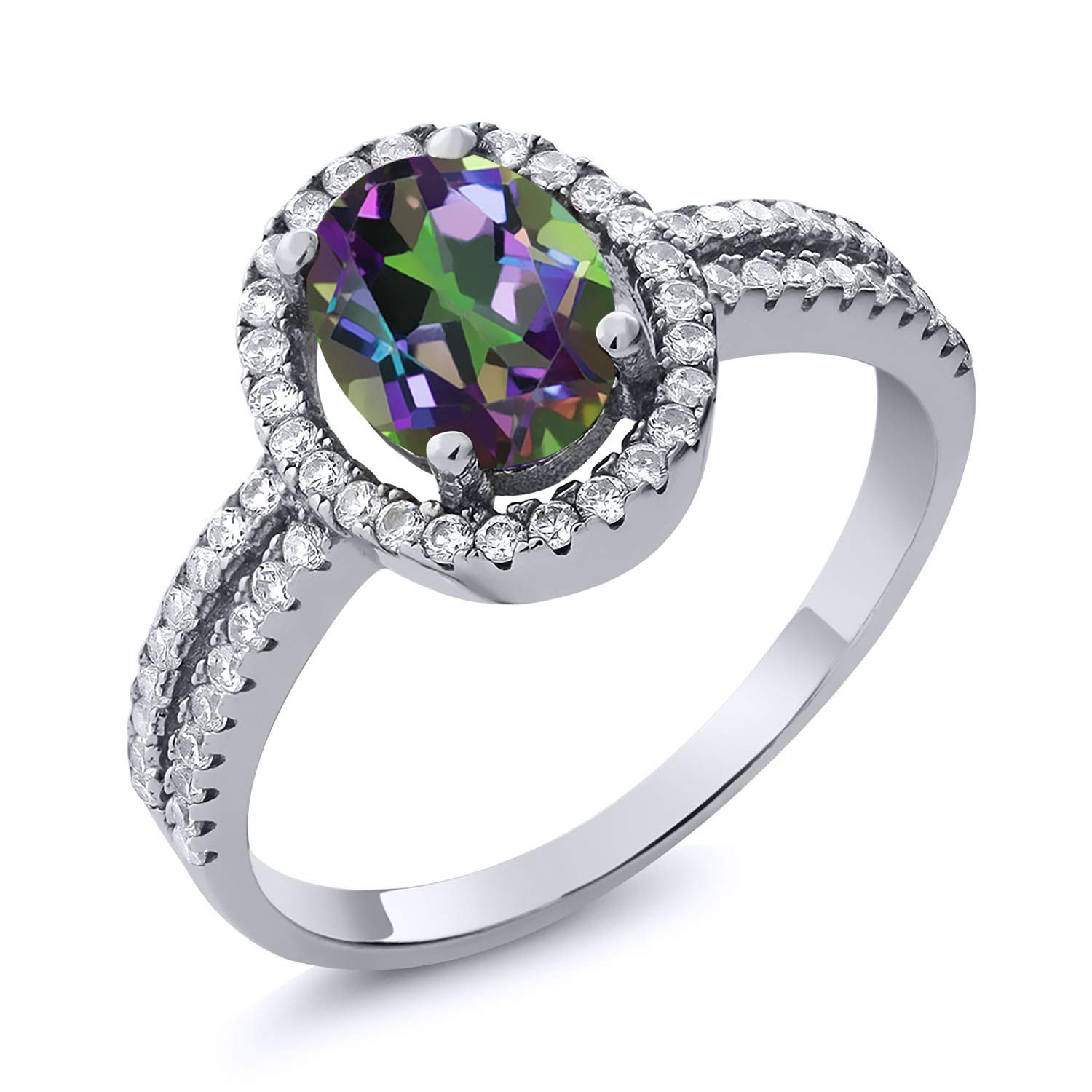 Gem Stone King 925 Sterling Silver 8X6MM Oval Gemstone Birthstone Split Shank Double Halo Engagement Ring | Wedding Band Anniversary Promise Ring For Women