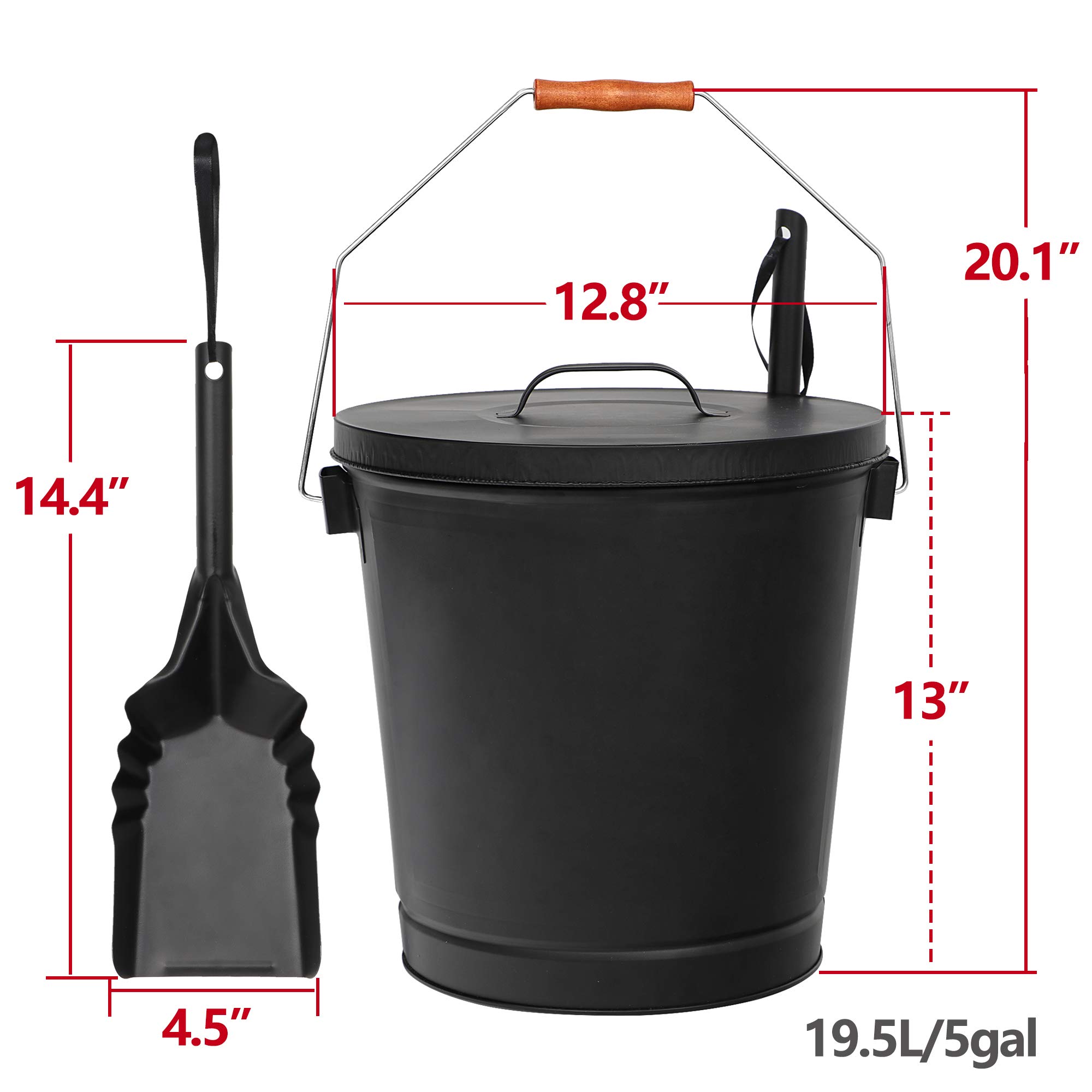 ZENY Fireplace Ash Bucket with Shovel and Lid, Large Size 5 Gallon Coal Bucket Hot Ashes Container Carrier for Fireplace Firepit Wood Stove, Fireplace Tools