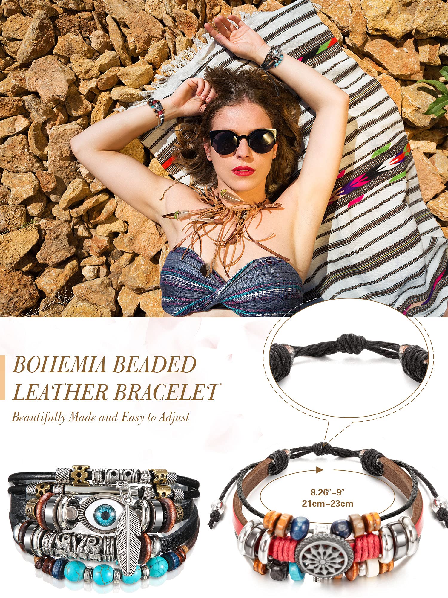 Hicarer 9 Pieces Bohemian Vintage Dangle Earrings Set Boho Retro Rhinestone Drop Earrings Multi-layer Beaded Leather Bracelet and Turquoise Bead Necklace Jewelry for Women