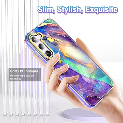 Rancase for Galaxy S23 5G Case,[2 Tempered Glass Screen Protector + 2 Camera Lens Protector ] Marble Pattern Slim Shockproof Protective Soft Women Girls Cover for Samsung Galaxy S23,Purple