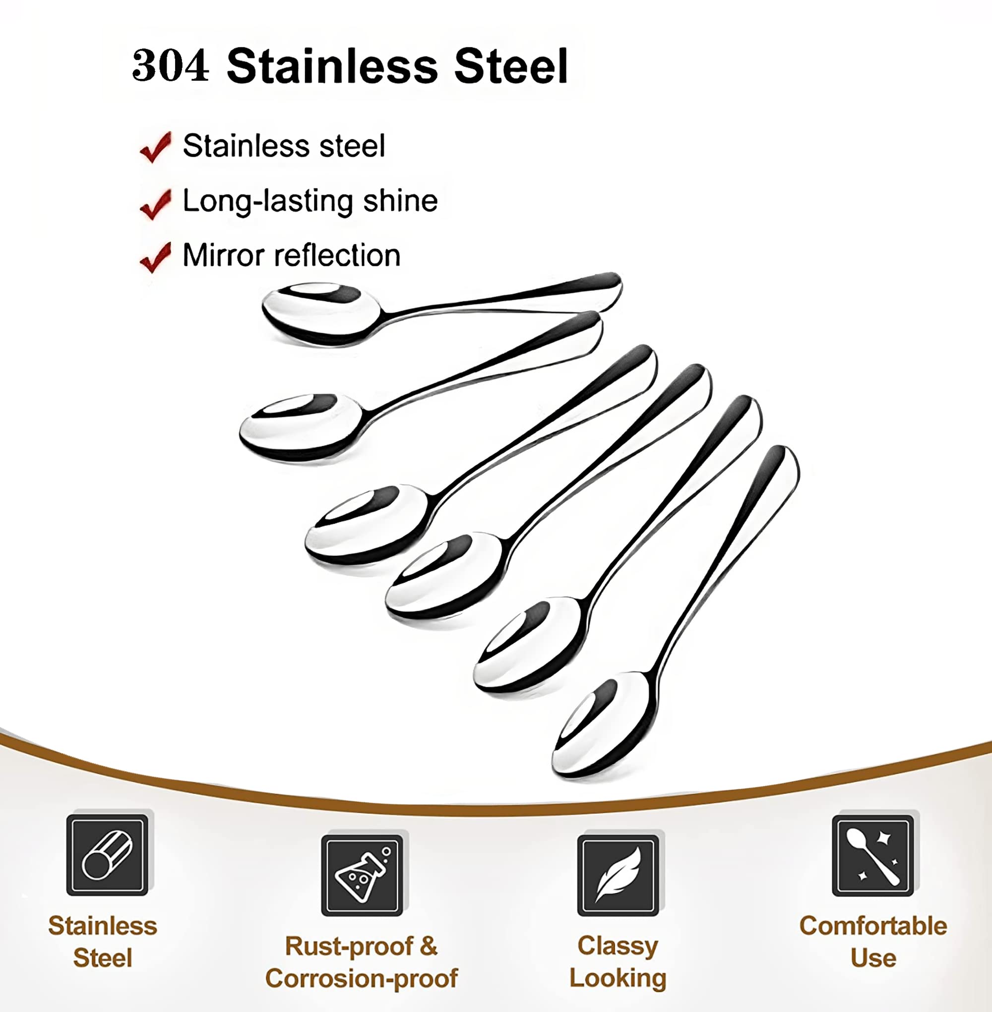 yasheng Mini 18/10 Stainless Steel Bistro Spoon 12.5 cm (4.9 Inch), Set of 6