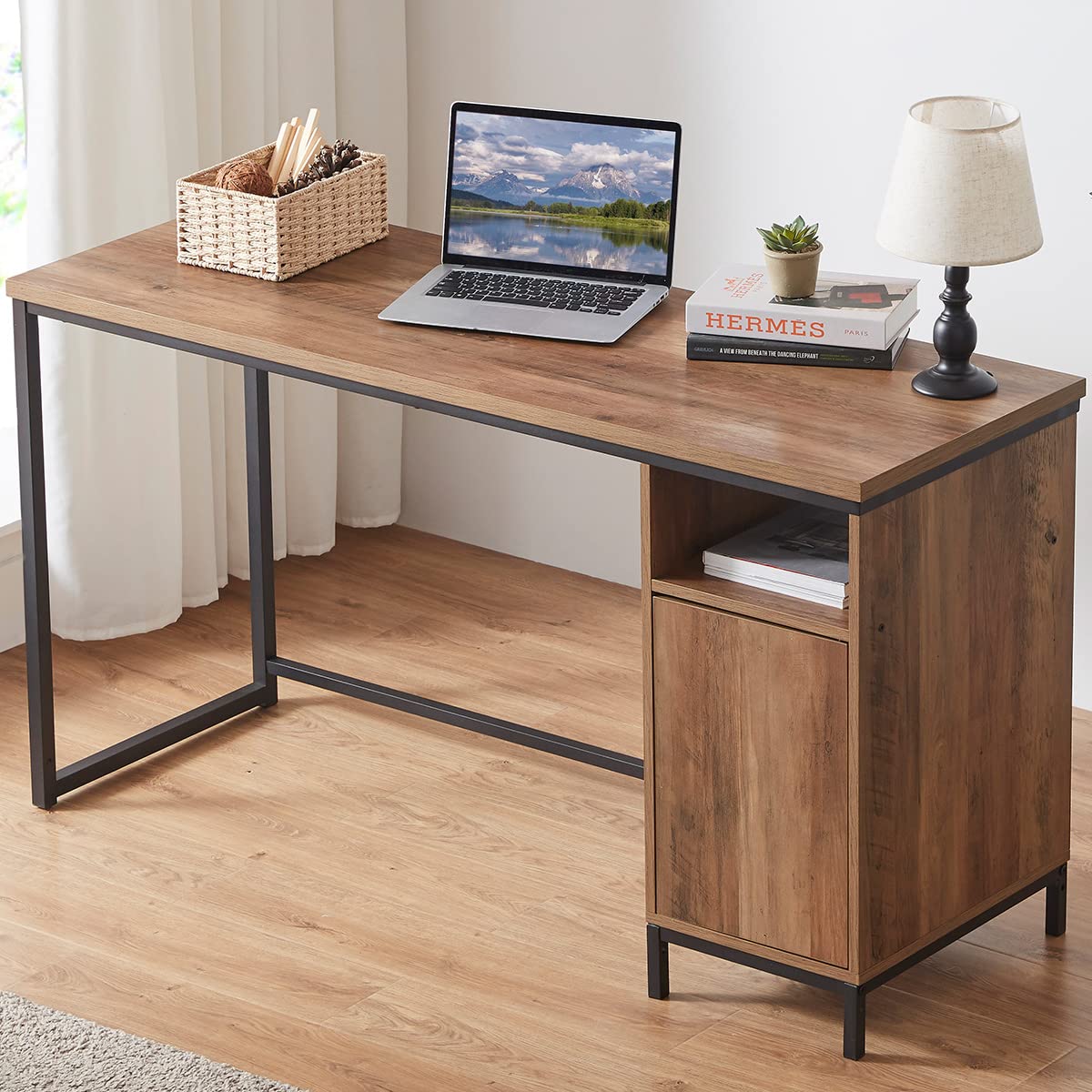 IBF Home Office Desk, Industrial Computer Desk with Storage File Cabinet, Wood and Metal Writing Desk for School Student Study, Computer Table with Drawers Shelves Storage, Rustic Oak, 55 Inch