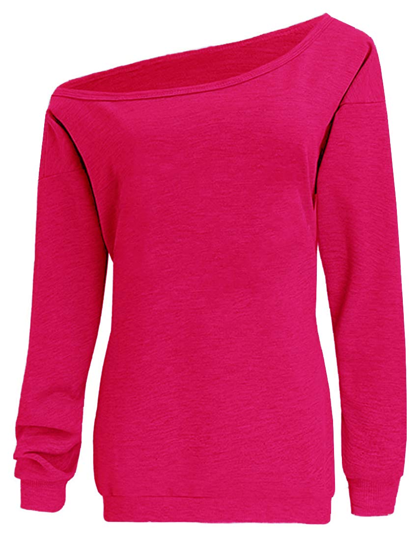 GSVIBK Womens Off Shoulder Sweatshirt Long Sleeve Black Sweatshirts Slouchy Pullover Shirts 107 Rose red S