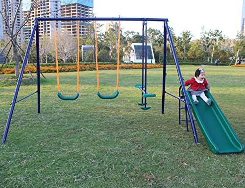 WIIS' IDEA Metal Swing Set for Backyard, Swing Set for Kids Toddler Age 3-8, Outdoor Heavy Duty Extra Large Swing Set with 2 Swing Adjustable Swing Seat, 1 Swing Glider, 1 Slide