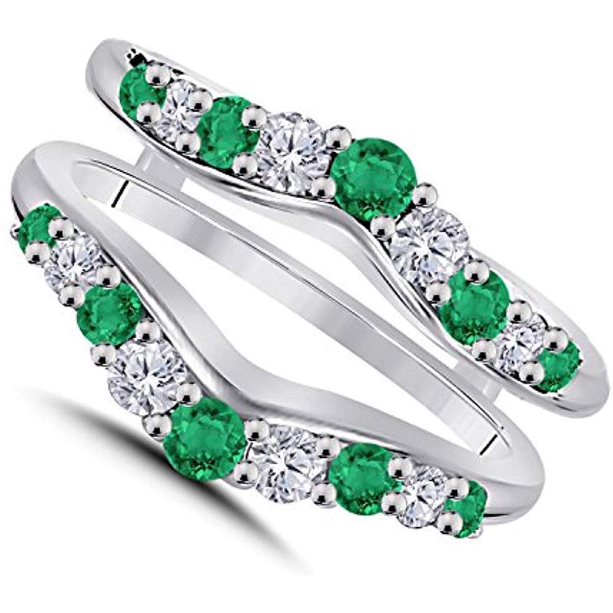Green Emerald Diamond Women's Anniversary Wedding Enhancer Ring Guard 14K White Gold Plated 925 Sterling Silver