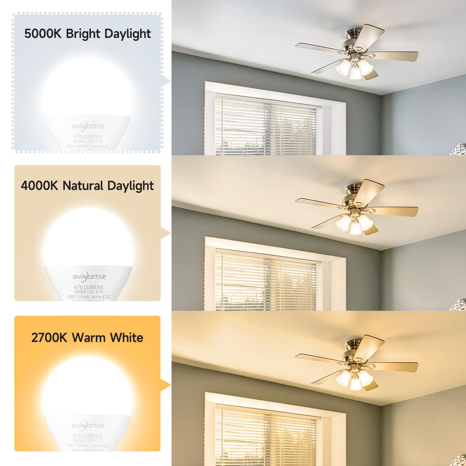 SHINESTAR 6-Pack Ceiling Fan Light Bulbs with E12 Small Base, 40W Equivalent, 5000K Daylight White, A15 Shape LED Candelabra Bulb, Non-Dimmable