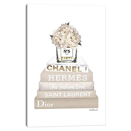 iCanvas GRE245 Cream, Champagne, and Gold Bookstack Topped by Vase with White Peony Canvas Print by Amanda Greenwood, 26" x 18" x 1.5" Depth Gallery Wrapped