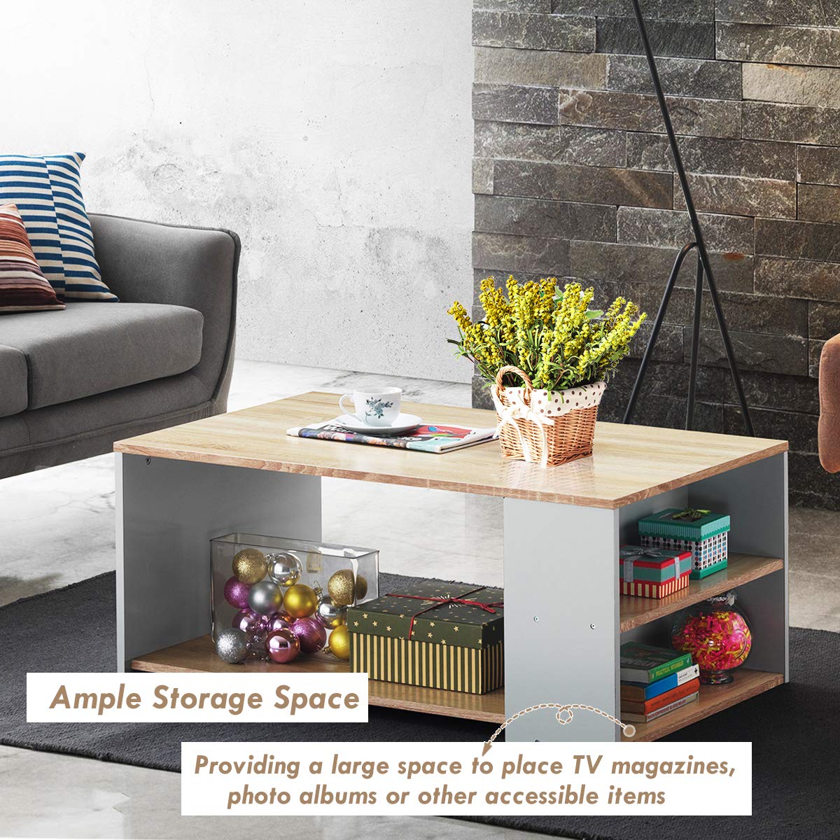 Giantex Coffee Table W/Three Storage Shelf, Sturdy and Durable Construction, Smooth Surface & Extra Storage Space, Ideal for Office and Living Room Tea Snack Table (Natural)