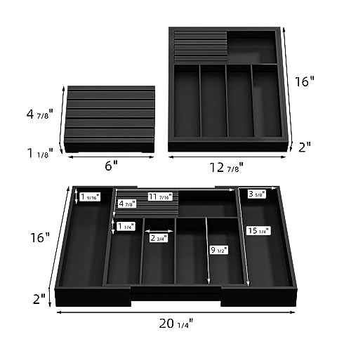 WUSHIZHUHUN Utensil Organizer Silverware Tray for Drawer - Bamboo Knife Drawer Organizer Expandable Cutlery Organizer in Drawer Knife Block W12.8-20.2" x L16 x H2 (Black)