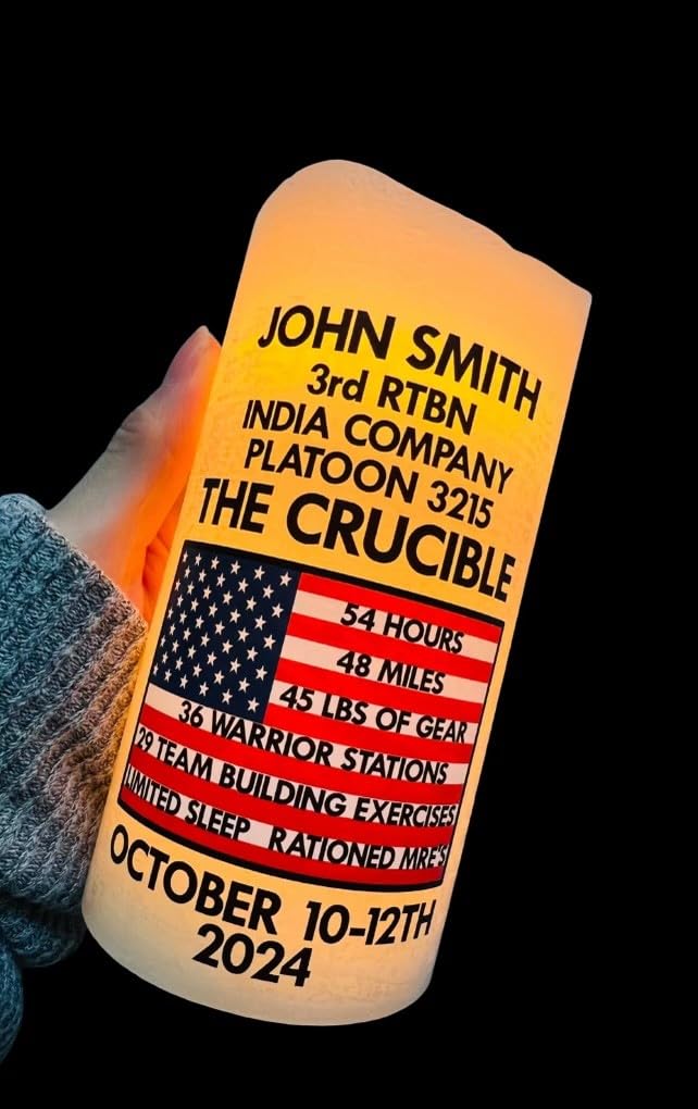 Ships Fast from Texas! Personalized Crucible Extra Bright Real Wax LED Flameless Flickering Prayer Candle with Name, Battalion, Company, and Platoon.