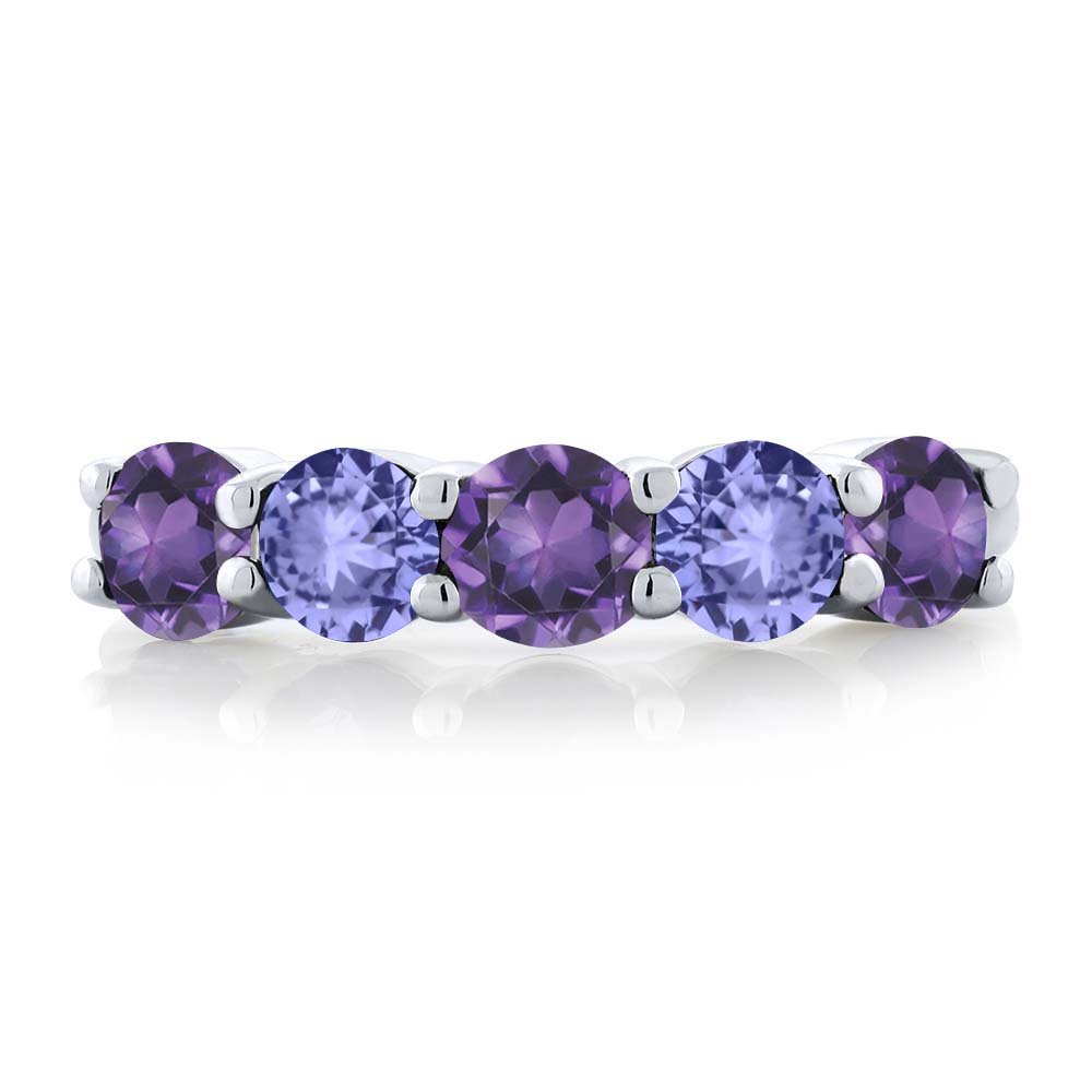 Gem Stone King 925 Sterling Silver Purple Amethyst and Blue Tanzanite Wedding Band Ring For Women (0.81 Cttw, Round 3.5MM, Gemstone February Birthstone, Available In Size 5, 6, 7, 8, 9)
