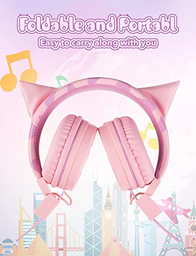 SIMJAR Dinosaur & Cat Ear Kids Headphones with Microphone for School, Volume Limiter 85/94dB, Wired Girls Headphones with Foldable Design for Online Learning/Travel/Tablet/iPad