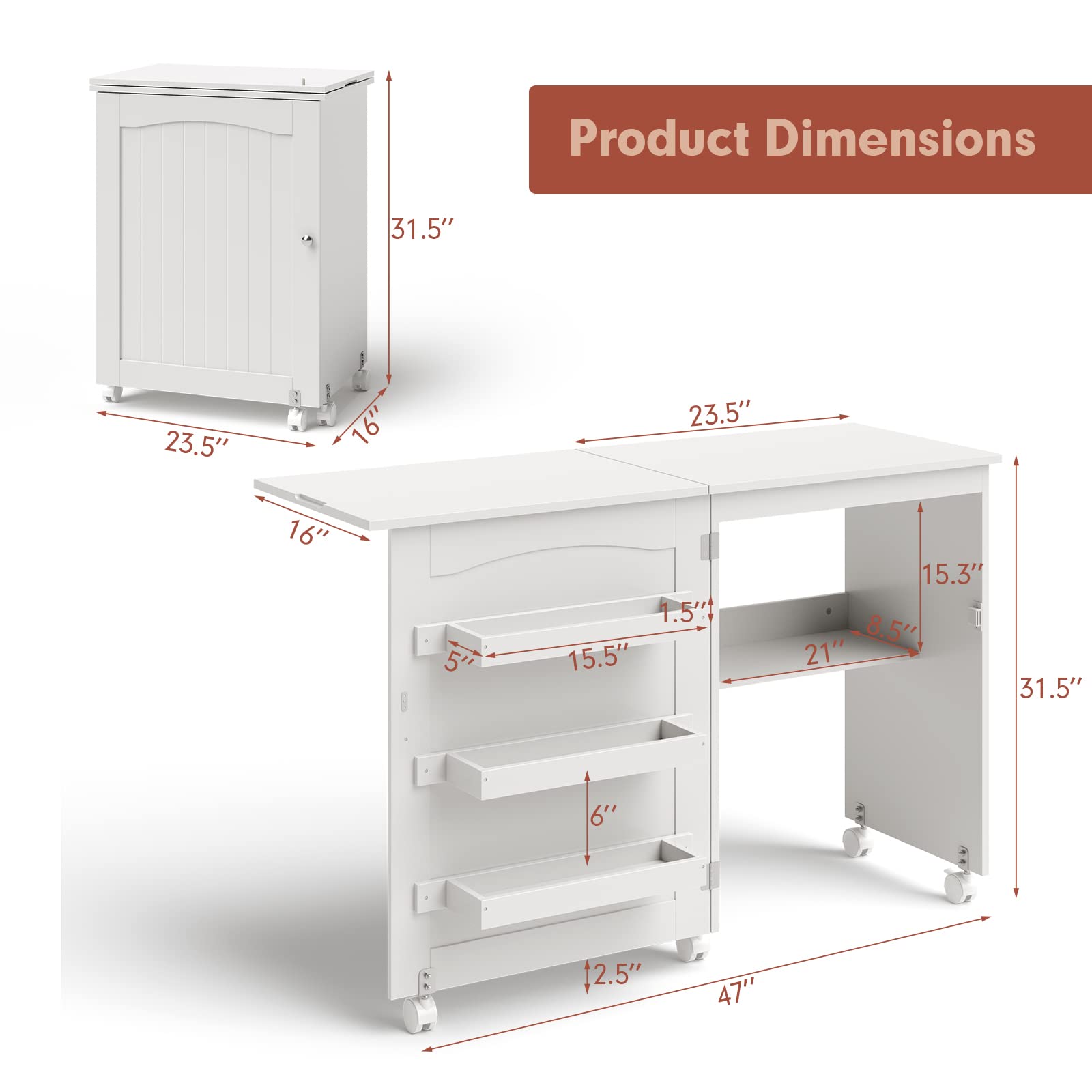 Giantex Folding Sewing Craft Table, Sewing Cabinet with 3 Storage Bins and Shelf, Rolling Craft Station Sewing Machine Work Desk with Lockable Wheels for Apartment Small Spaces, White