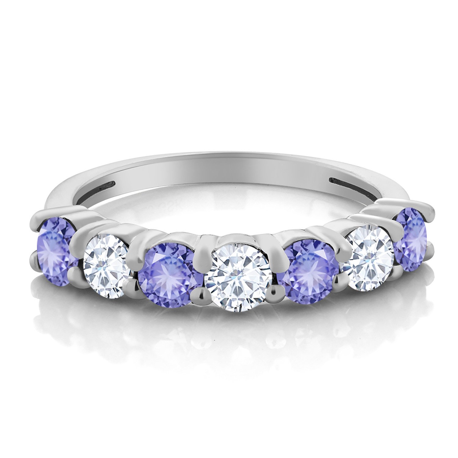 Gem Stone King 925 Sterling Silver Gemstone Birthstone and White Moissanite Wedding Band Engagement Anniversary Ring | Round 3.5MM | 7 Stone Promise Ring For Women