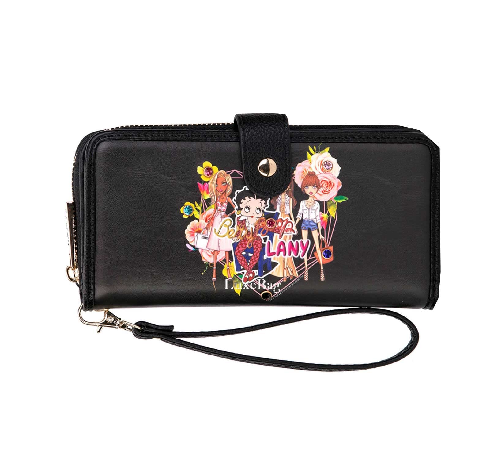 LuxeBag Betty Boop Friends/Flower Faux Leather Wallet with Wristlet (Black)