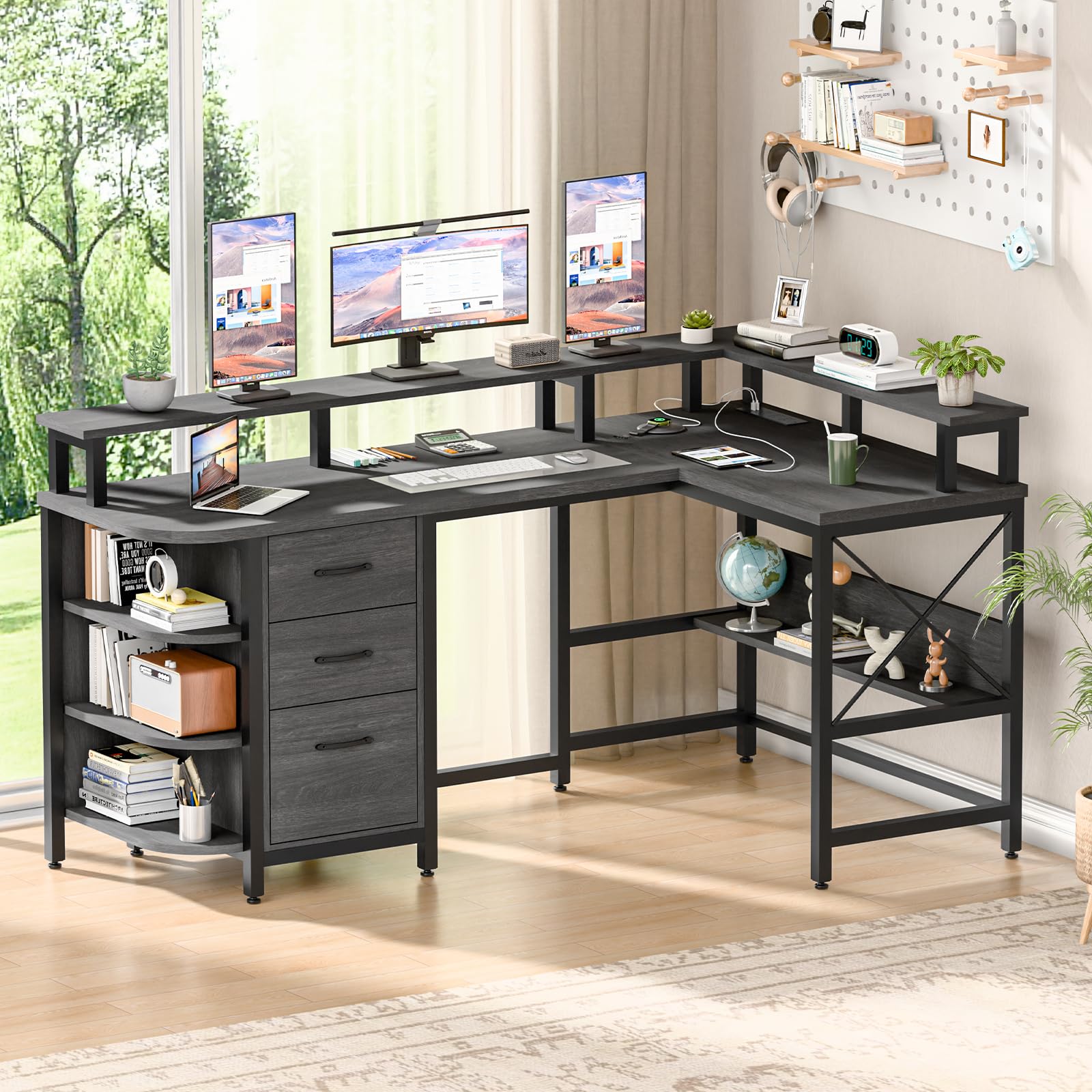 Vabches 67" L Shaped Computer Desk with LED Lights and Power Outlets, Reversible L Shaped Gaming Desk with 3 Drawers Hutch Monitor Stand, Home Office Desk with USB Port