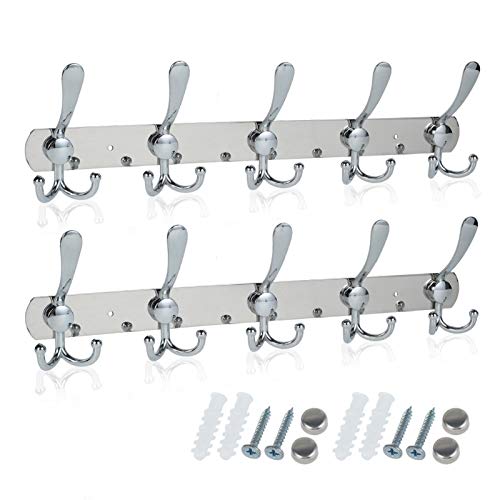 Hanger 2PCS 15 Hooks Stainless Steel Wall Mounted Hangers Rack Door Holder Rack Durable Robe Hat Clothes Hooks Kitchen Accessories, Hat Clothes Hooksa (Color : Silver)