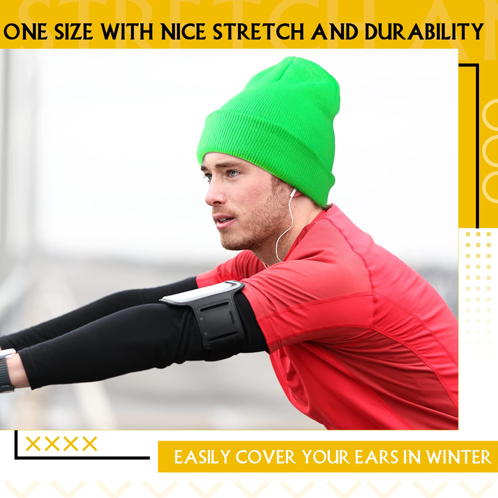 JenPen Neon Beanie Hat Slouchy Beanie Cap Unisex Knitted Winter Hat Ski Plain Beanie Cap for Men and Women (4 Pieces), Green, Yellow, Orange and Pink, One Size