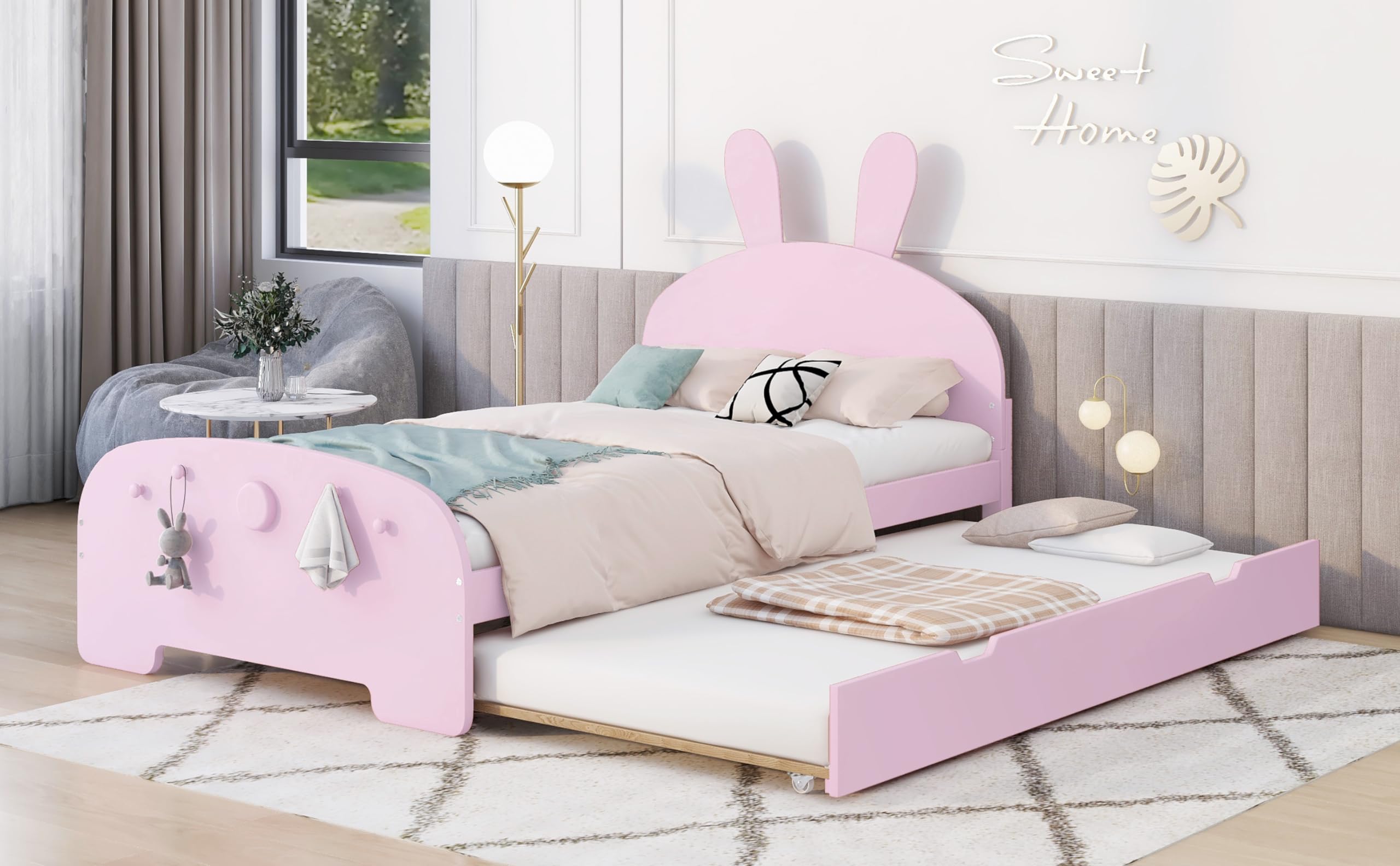HABUHOME Wood Twin Size Platform Bed with Cartoon Ears Shaped Headboard and Trundle, Pink