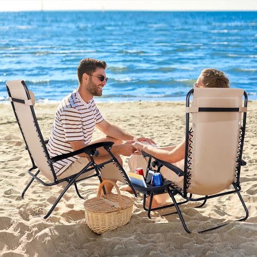 ZENY Zero Gravity Lounge Chairs Set of 2 Adjustable Folding Recliners with Cup Holders and Headrest for Patio, Pool Deck Beach Yard