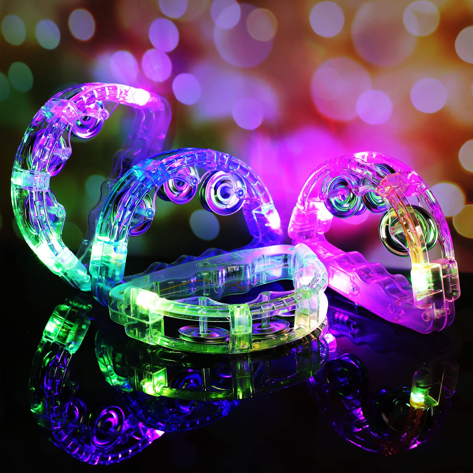 Jerify 50 Pcs Light up Tambourine LED Flashing Tambourine Glow Musical Tambourine Handheld Percussion Instrument in Bulk for Carnival Wedding Party