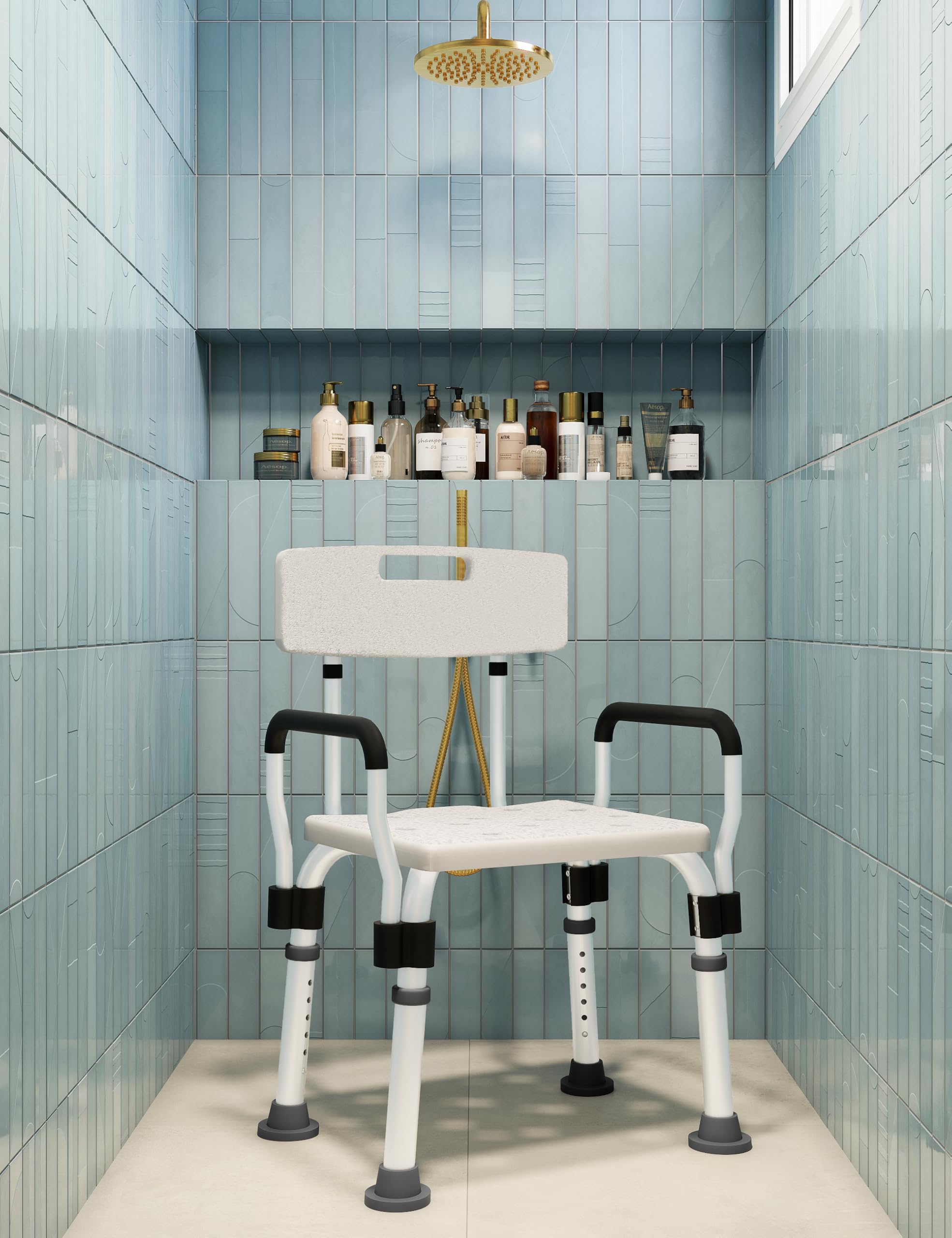 Shower Chair for Inside Shower for Elderly and Disabled with Padded Armrests and Removable Back (Max Load 300 lbs), Height Adjustable Shower Stool with Waterproof Storage Bag, Non-Slip Feet