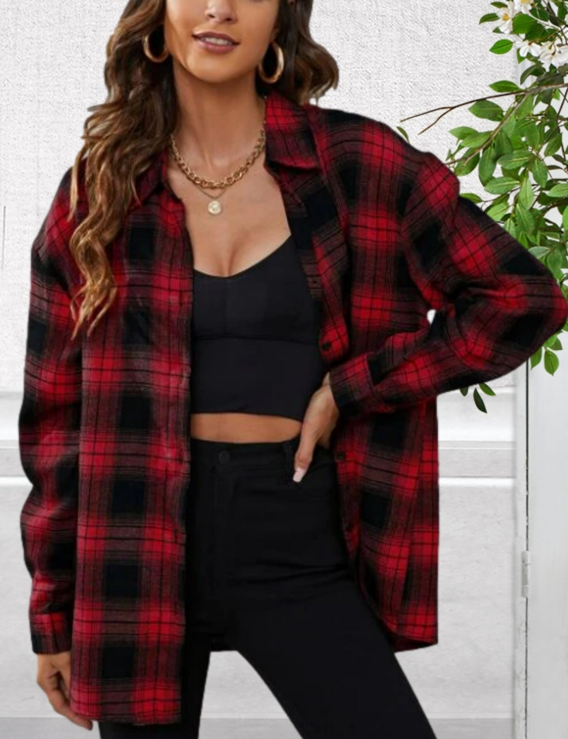 HangNiFang Flannel Red Black Plaid Shirts for Women Oversized Button Down Shirts Blouse(0768-RedBlack-M)