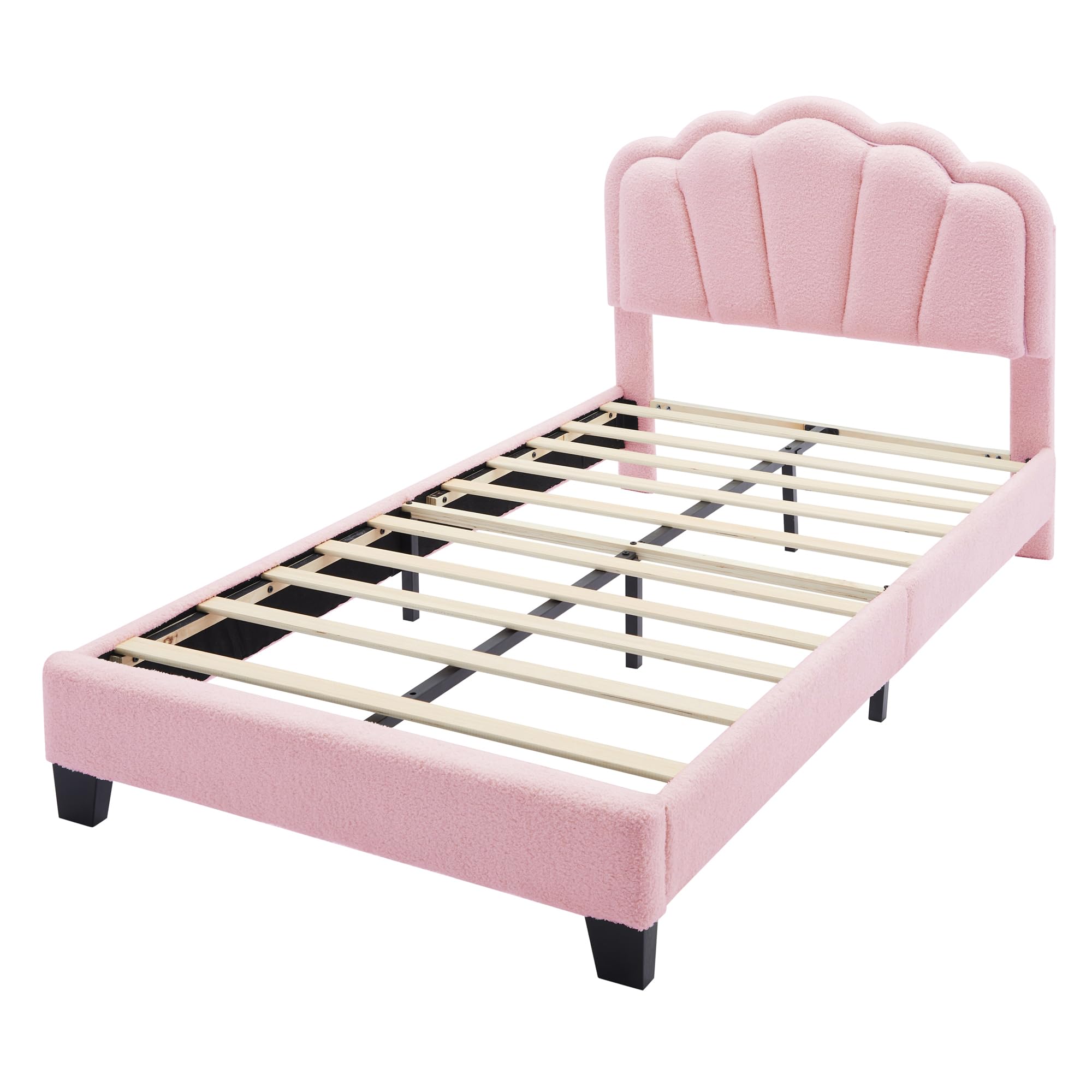 SOFTSEA Twin Upholstered Bed with LED Lights, Adjustable Headboard, Princess LED Bed Frame with Shell Headboard, Fleece Platform Bed for Kids Girls, Wood Slats Support, White