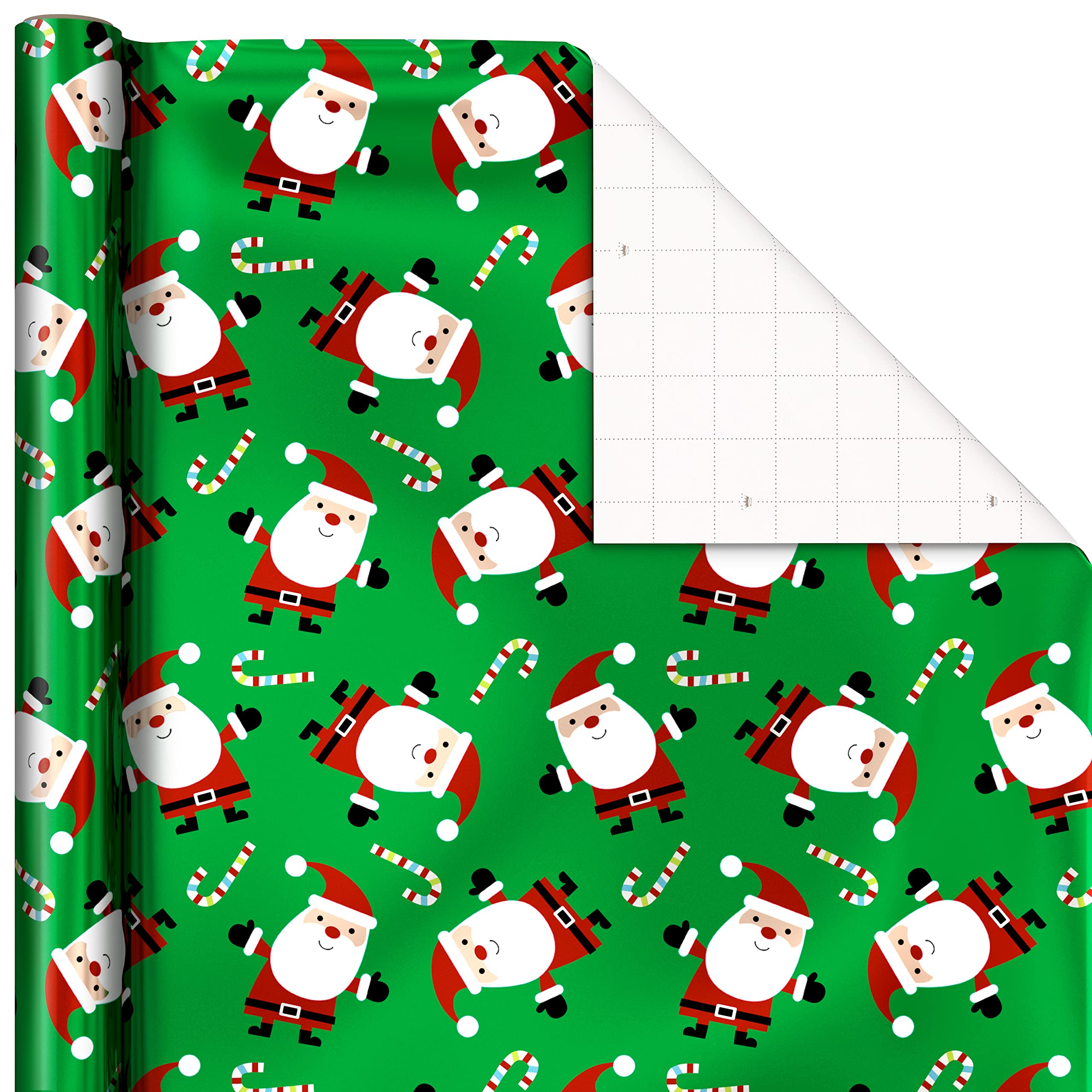 Hallmark Foil Christmas Wrapping Paper with Cut Lines on Reverse (3 Rolls: 60 sq. ft. ttl) Cute Santa, Colorful Candy Canes, Blue, Green, Red Stripes