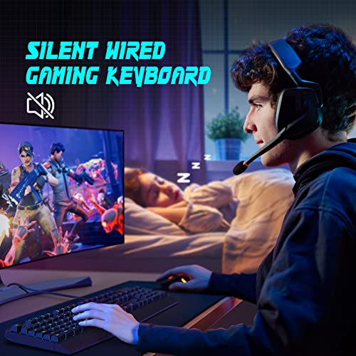 yesbeaut Gaming Keyboard, 7-Color Rainbow LED Backlit, 104 Keys Quiet Light Up Keyboard, Wrist Rest, Whisper Silent, Anti-ghosting Multimedia Keys, Waterproof USB Wired Keyboard for PC Mac Xbox