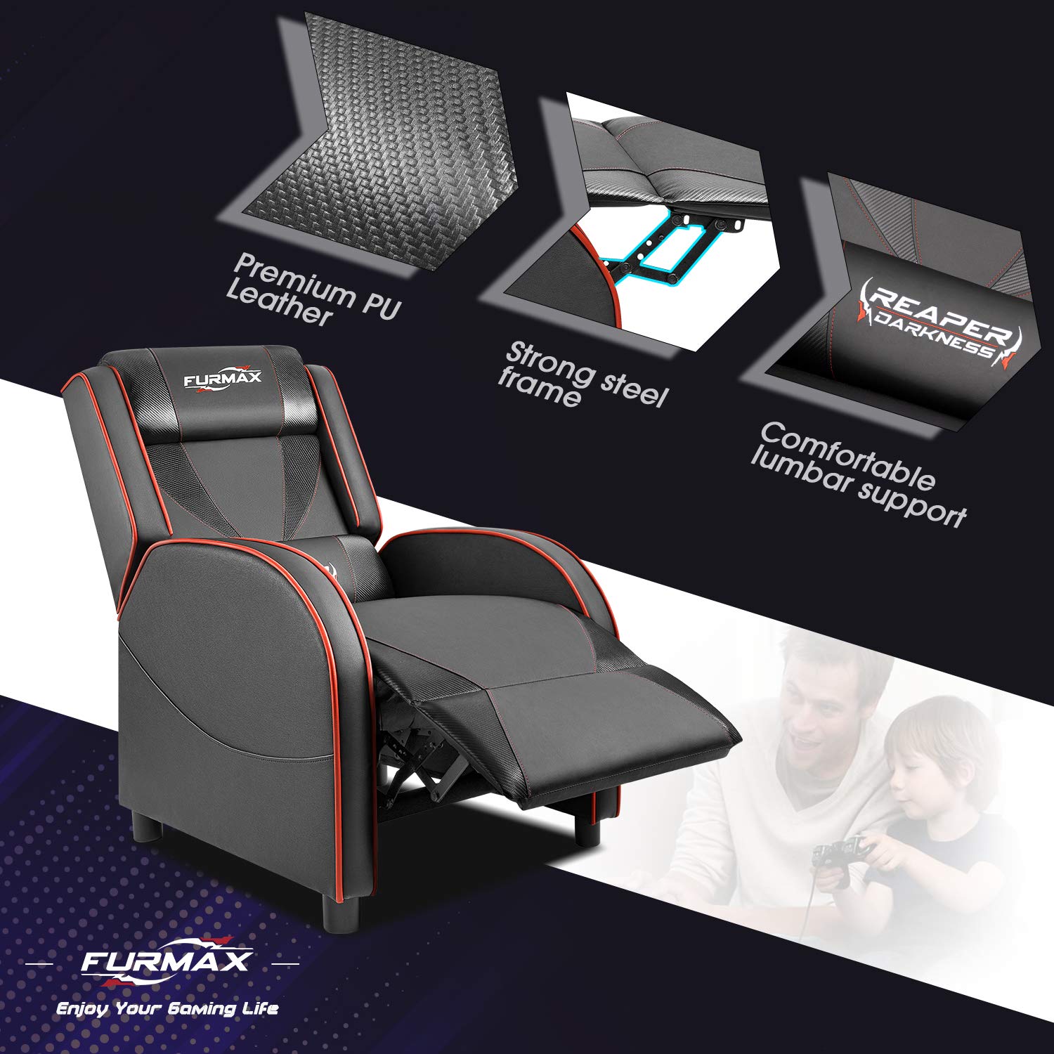 Furmax Video Gaming Recliner Chair Racing Style Single Ergonomic Lounge Sofa PU Leather Home Theater Comfortable Recliner Seat (Black)