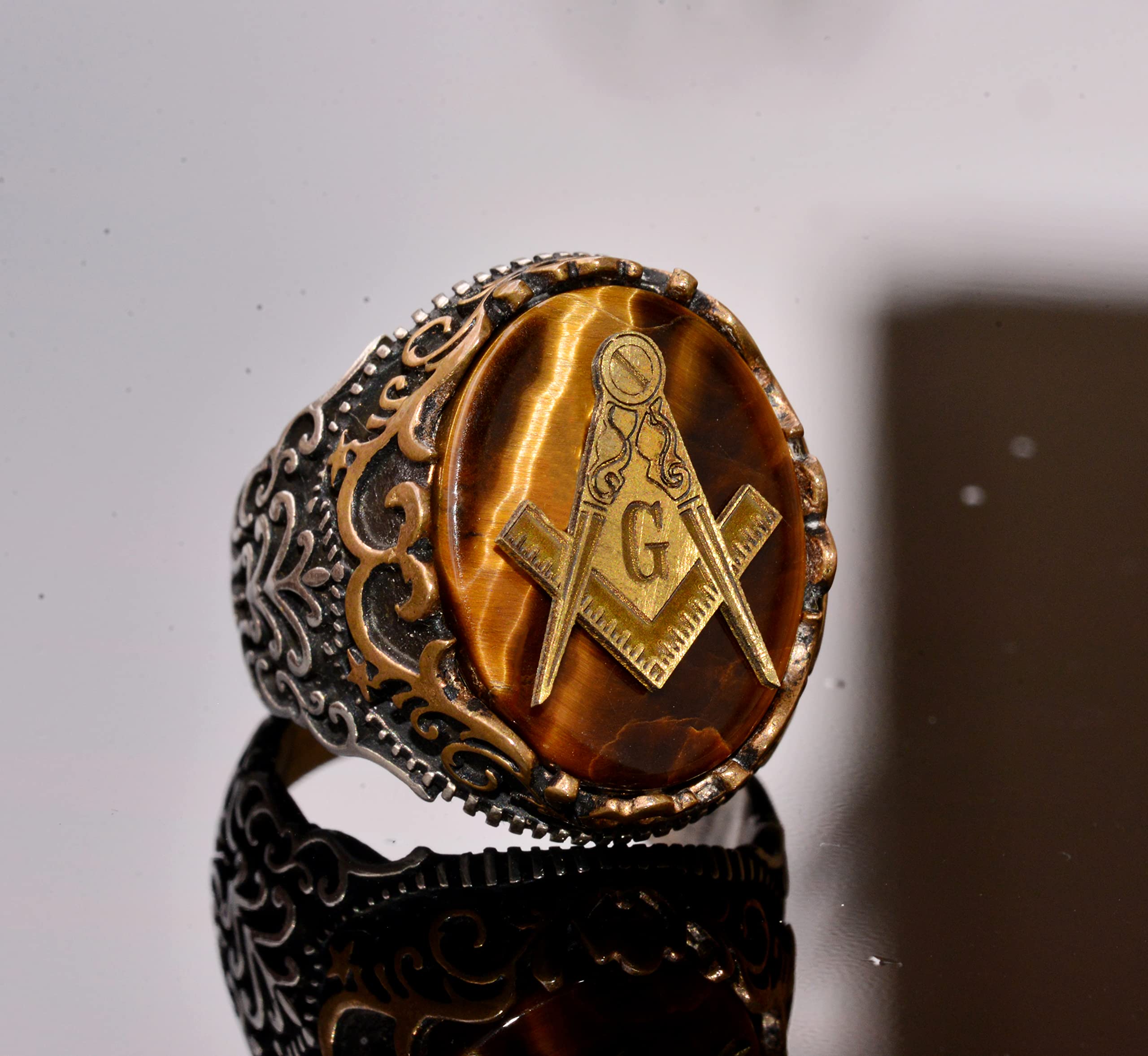 Men's Natural Tiger Eye Masonic Ring, 925 Sterling Silver, Handcrafted with Ornate Design