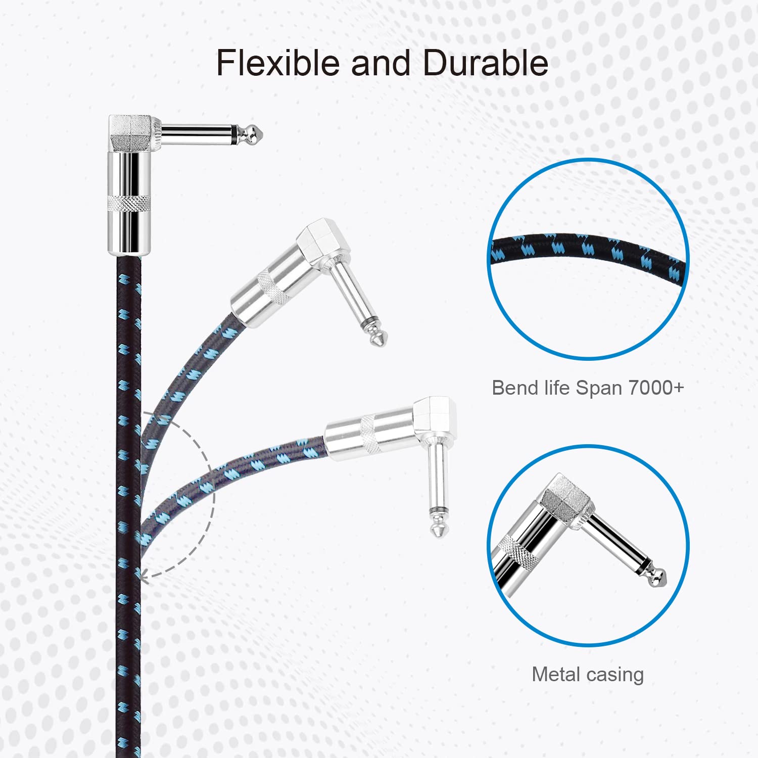 GOGHOST 6 Inch Guitar Patch Cable with 1/4" Right Angle Plugs, Black and Blue Tweed Woven Jacket (3Pack)