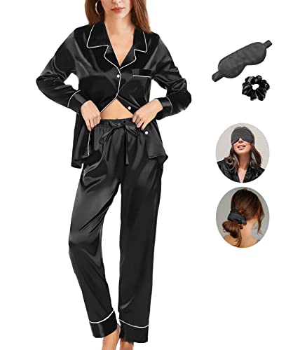 WJing Yi Jia Womens Pajama Set Silk Satin Pajamas Long 2pc Pjs Button Down Sleepwear Pj Set Loungewear White