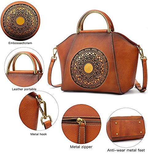 Genuine Leather Handbags for Women, Organizer Top Handle Satchel Vintage Embossing Totem Shoulder Bag Medium