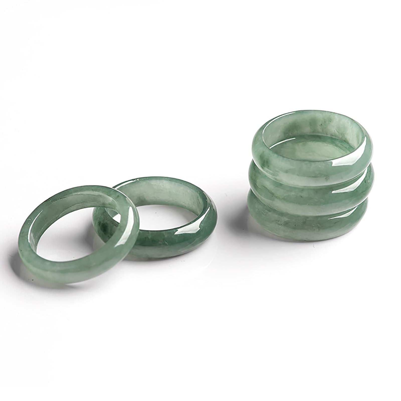 HSUMING Chinese Natural Green Jade Band Rings for Women, Size 6-10 (Green, 8)